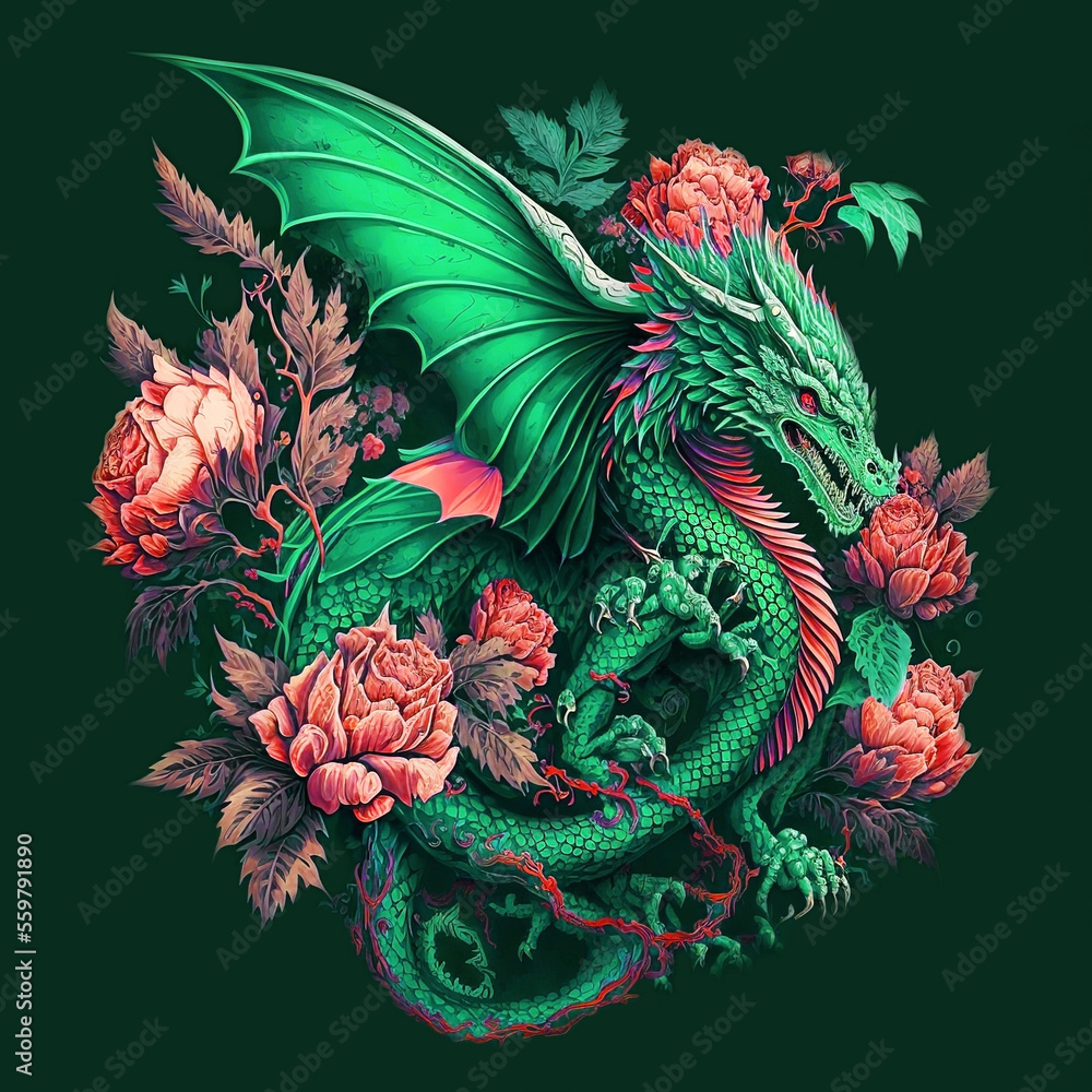 Asian dragon art illustration design. Green dragon with red roses on a ...