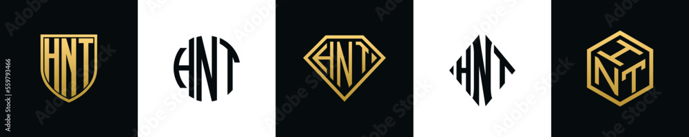 Initial letters HNT logo designs Bundle. This collection incorporated with shield, round ...