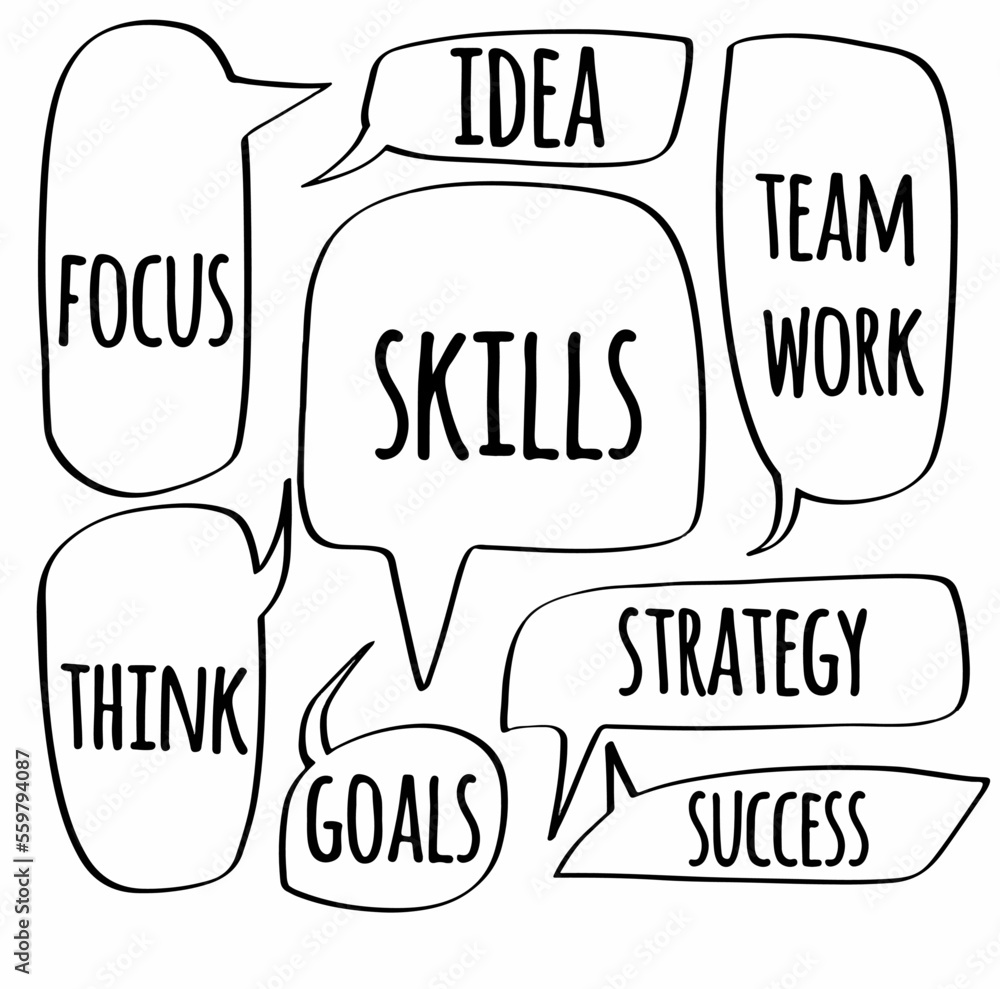 set hand drawn doodle speech bubbles of IDEA, FOCUS, THINK, GOALS, TEAM ...