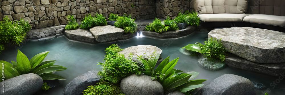 Serene Wellness Spa with Waterfall and Stones, Tranquil Oasis with Lush ...