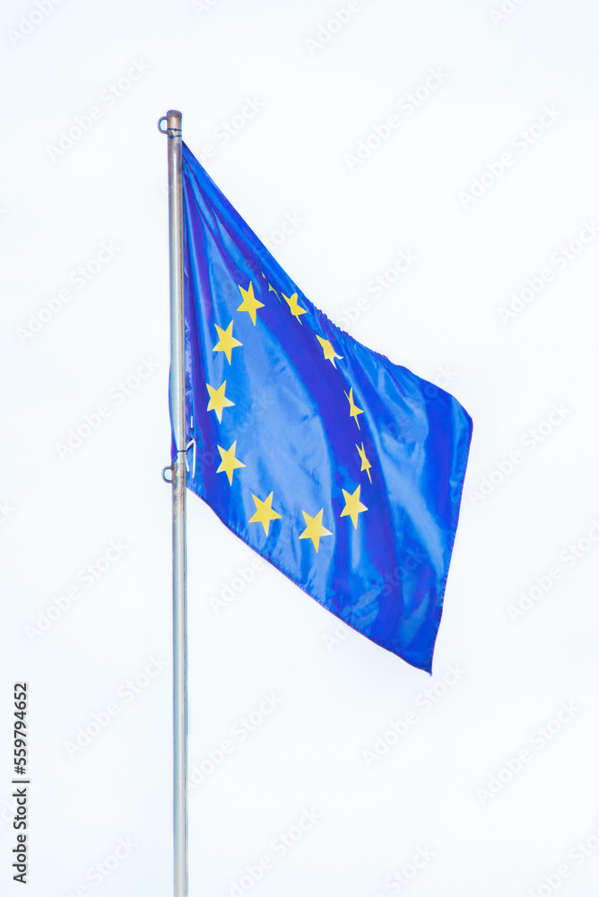 flag of the European Union, develops in the wind on a flagpole, close ...