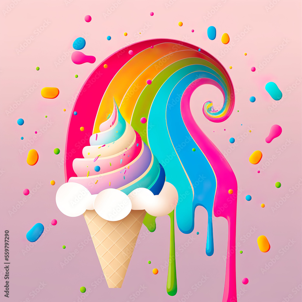 Cartoon Rainbow Ice Cream in Cone on rainbow background Stock ...