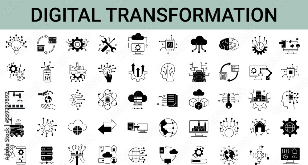 Set of 50 digital transformation simple icons. Collection of line icons as digital services ...