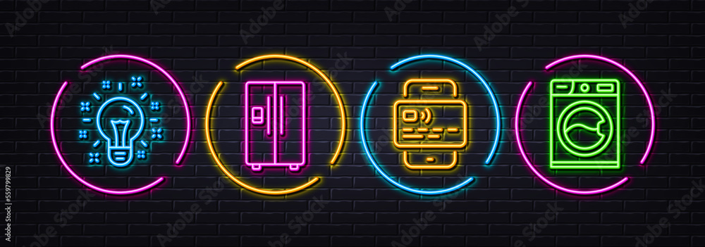 Card, Refrigerator and Idea minimal line icons. Neon laser 3d lights. Washing machine icons. For ...