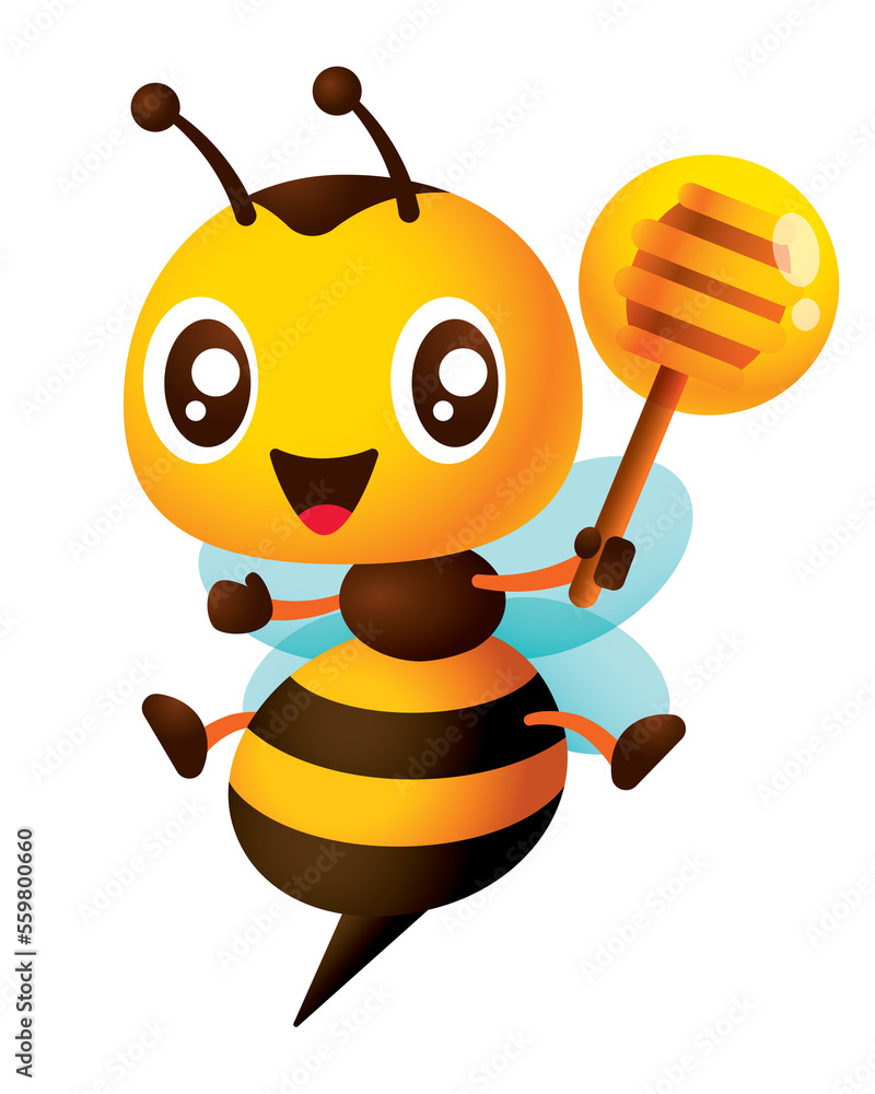 Cartoon cute smiling bee cartoon holding honey dipper with fresh honey ...