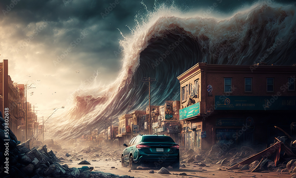 Huge tsunami destroying a city. Dramatic scenery with a big wave ...