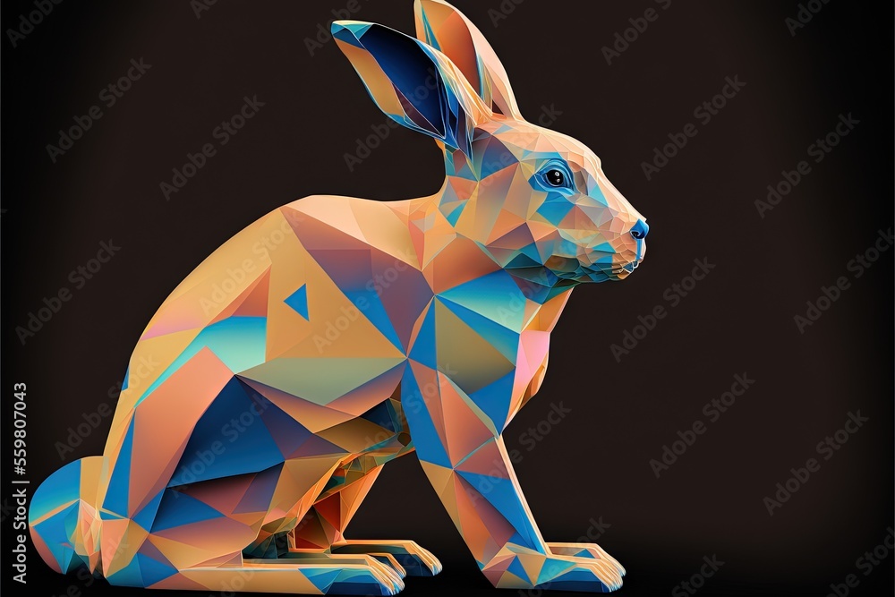a rabbit made of triangles sitting on a black background with a black ...