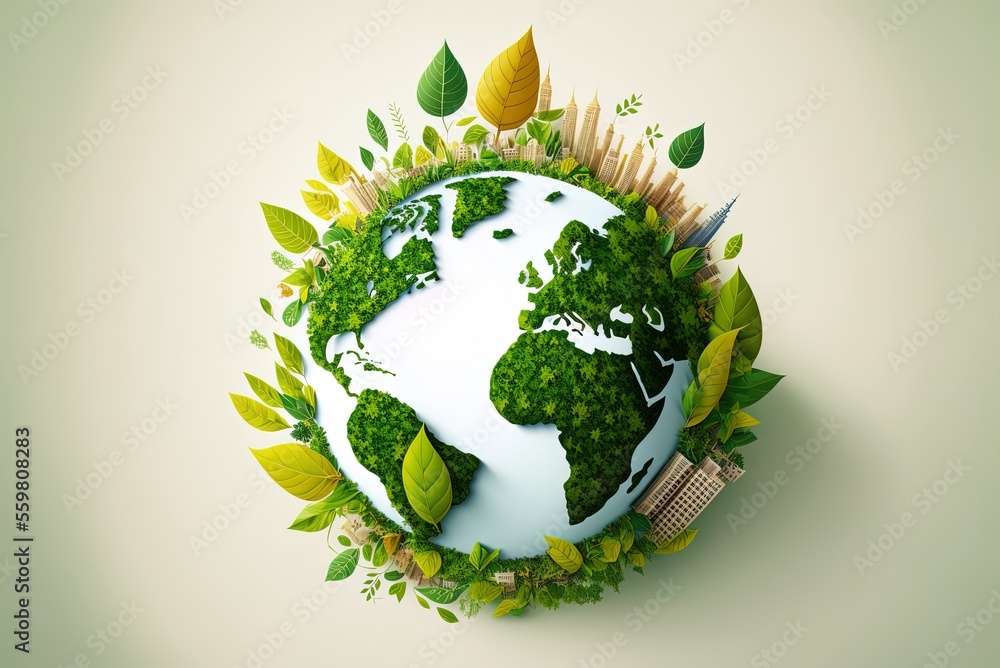 Earth shaped environmental emblem with green leaves encircling cities ...