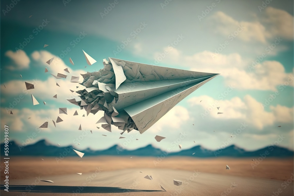 a paper airplane flying through the air with a sky background and ...
