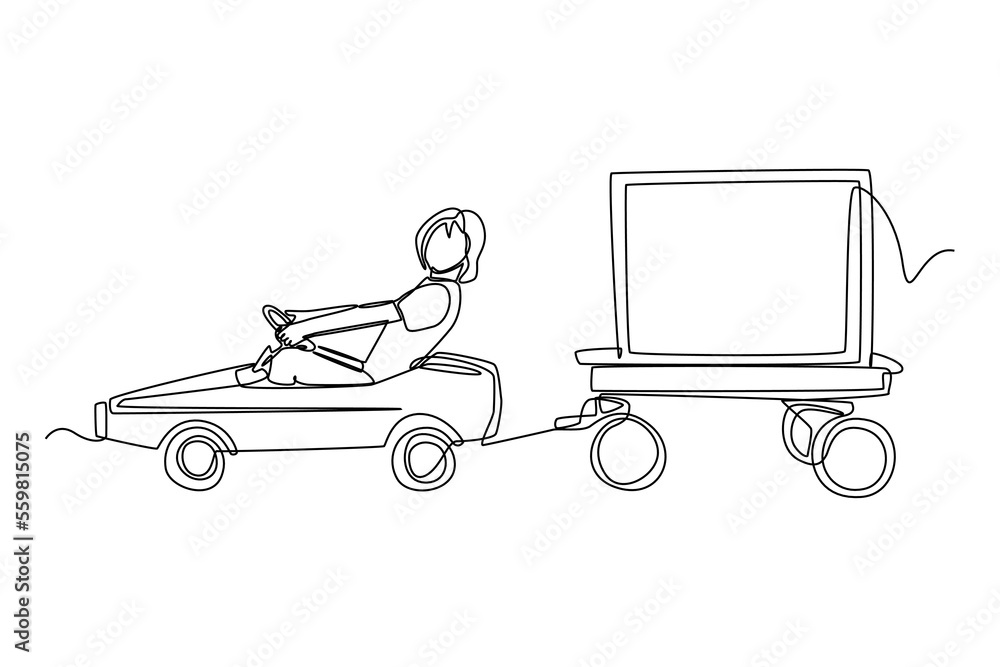 Single one line drawing boy driving car carrying cardboard box. Cargo ...