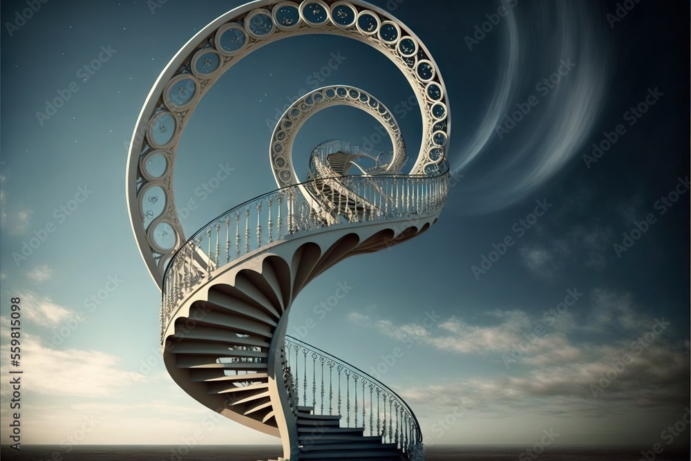 a spiral staircase in the sky with a spiral staircase going up it's ...