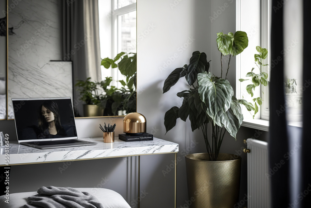 With a marble wall backdrop, a working nook in a bedroom is adorned with a gold stainless mirror ...