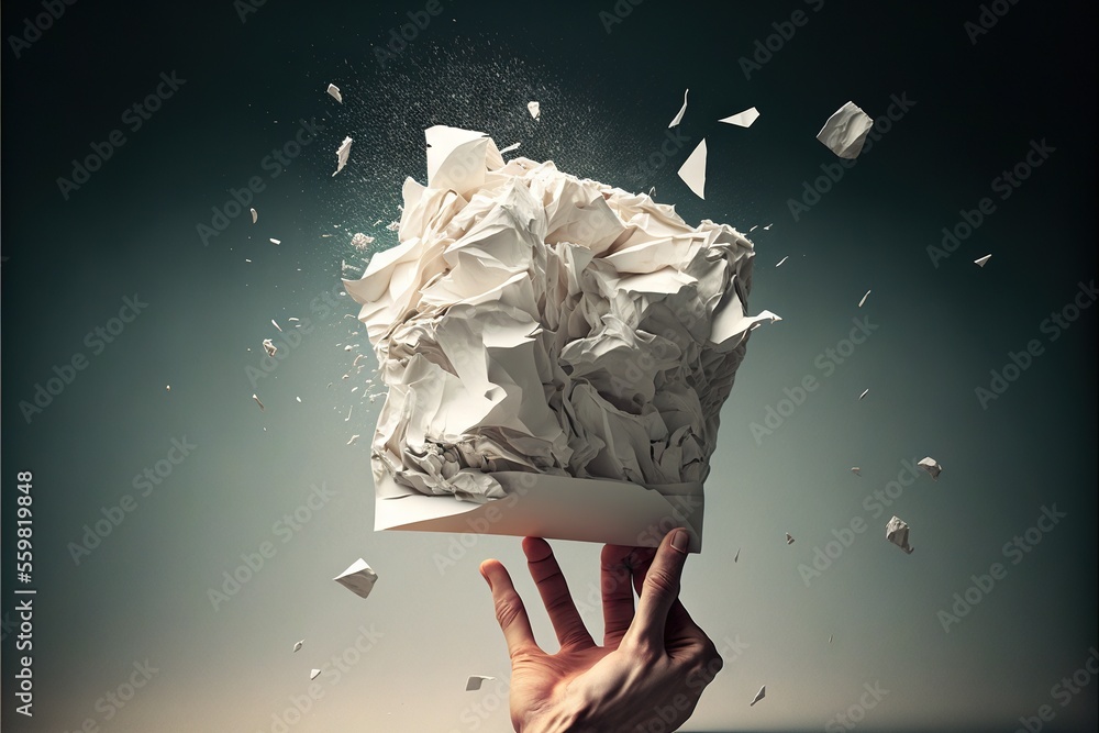 a hand holding a piece of paper with a crumpled paper on it and flying ...