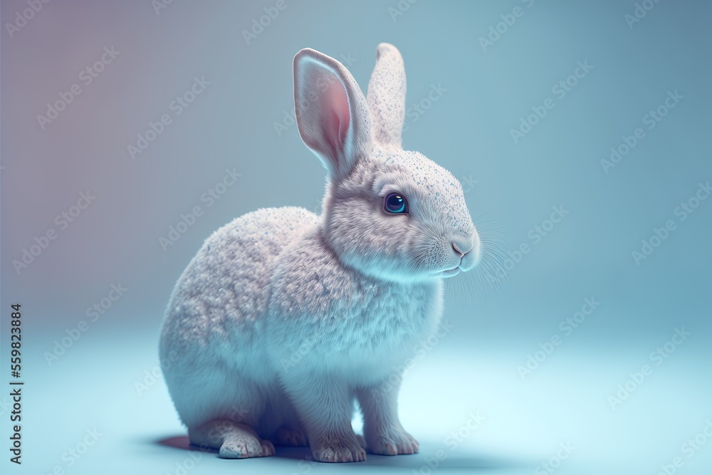 a white rabbit sitting on a blue background with a blurry background ...