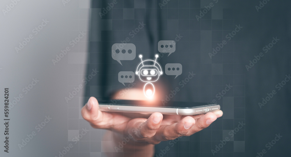 Artificial intelligence chatbot conversation assistant. Person using ...