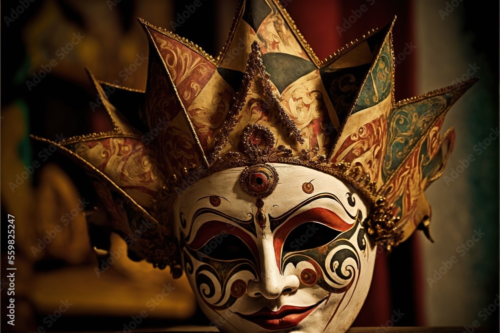 a mask with a crown on top of it sitting on a table in a room with a ...