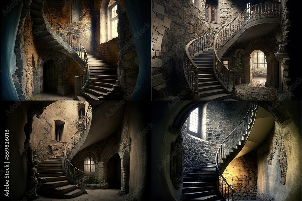 a series of photos of a staircase in a castle with a window and a ...