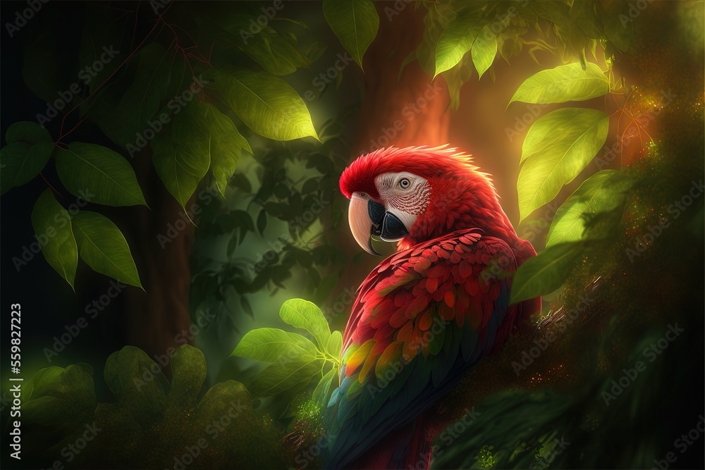 a red parrot sitting on a tree branch in a forest with green leaves and ...