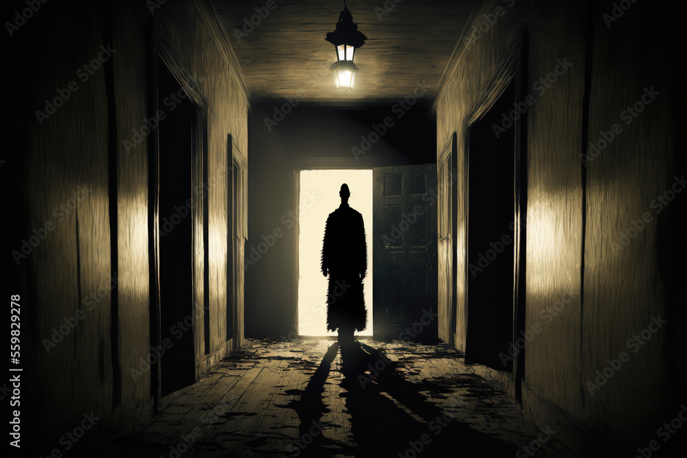 Shadowy figure in the abandoned, dark building. horror of a maniacal ...