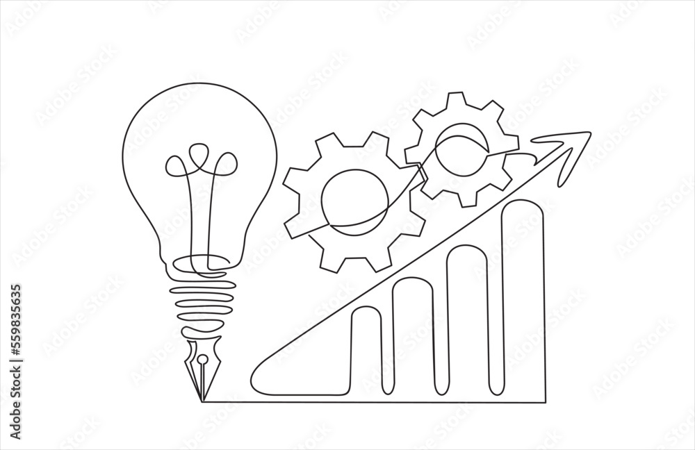 continuous line drawing of gears, lights idea and graph.Continuous line ...