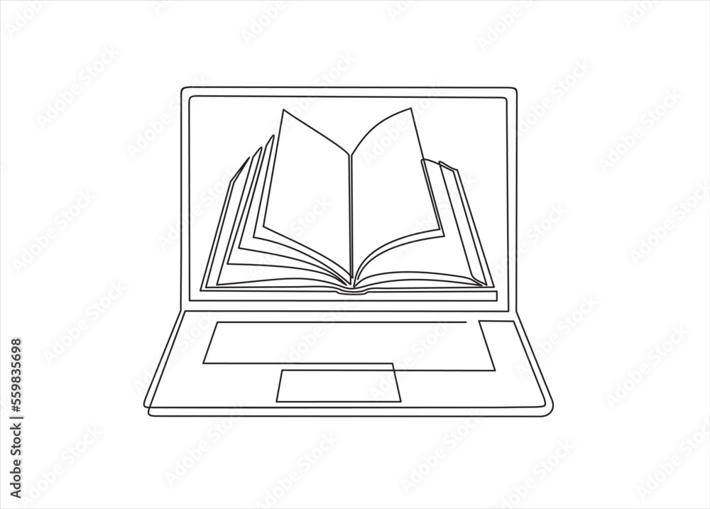 Continuous line drawing or one line drawing of a book on a computer ...