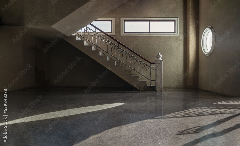 Side view of Marble stairhead and Metal staircase ascending corridor ...