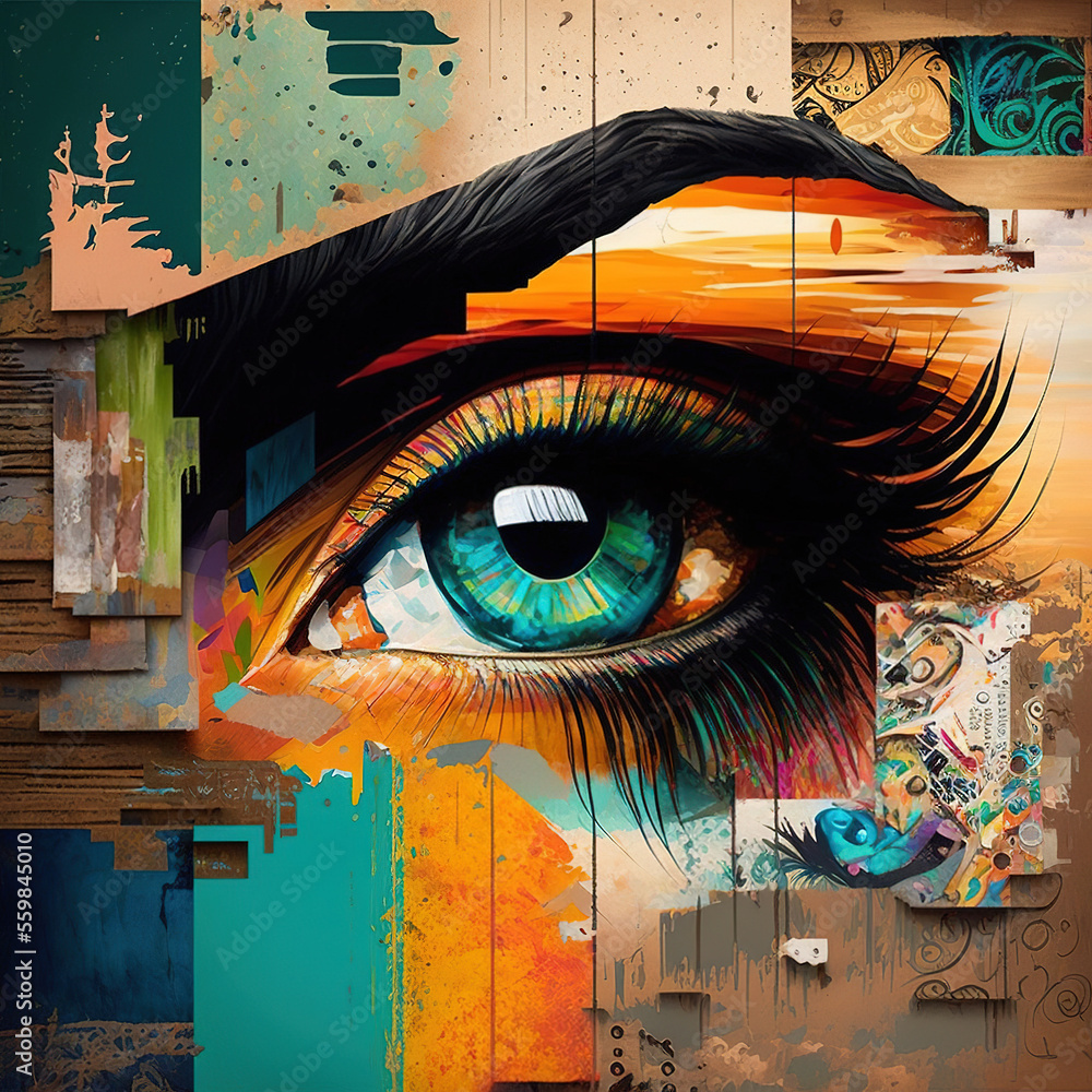 Collage painting of eye contact. Variety of materials and textures ...