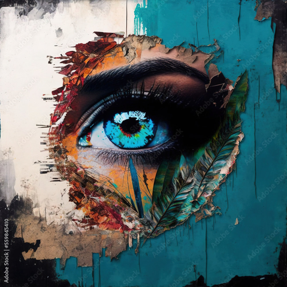 Collage painting of eye contact. Variety of materials and textures ...