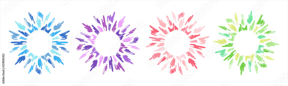 Round frame, circle made of various chaotic radial doodle scrawl ...