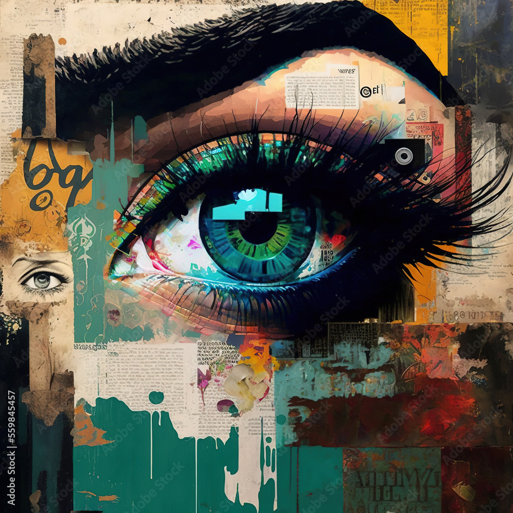 Collage painting of eye contact. Variety of materials and textures ...