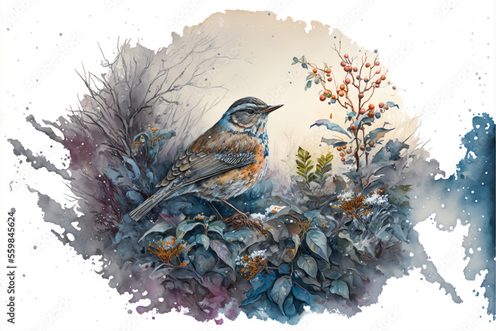 watercolor masterpiece with maximum texture of winter scenery wild bird ...