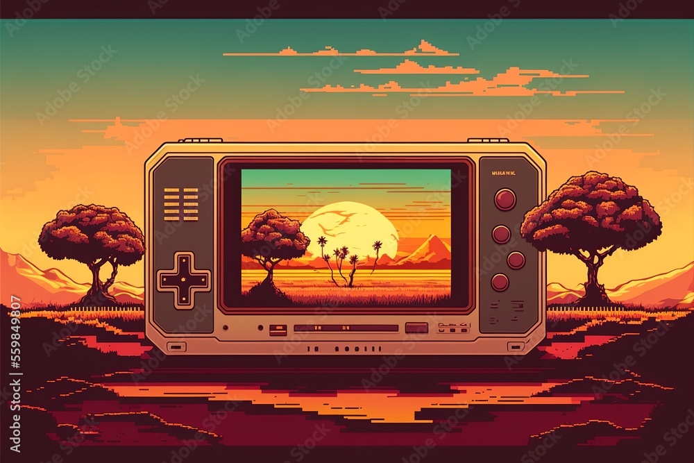 Old video game console, 80s, retro, 8 bit, with landscape in the ...