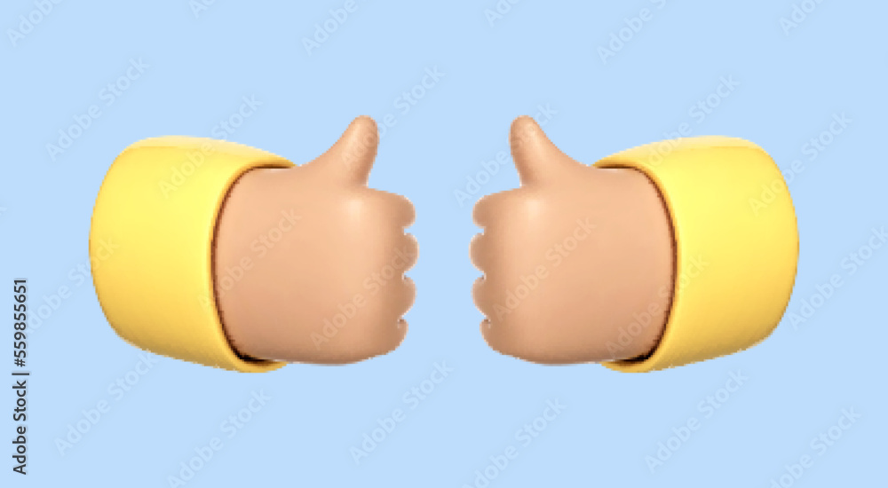 Two 3D cartoon hands show a gesture thumb up isolated on blue ...