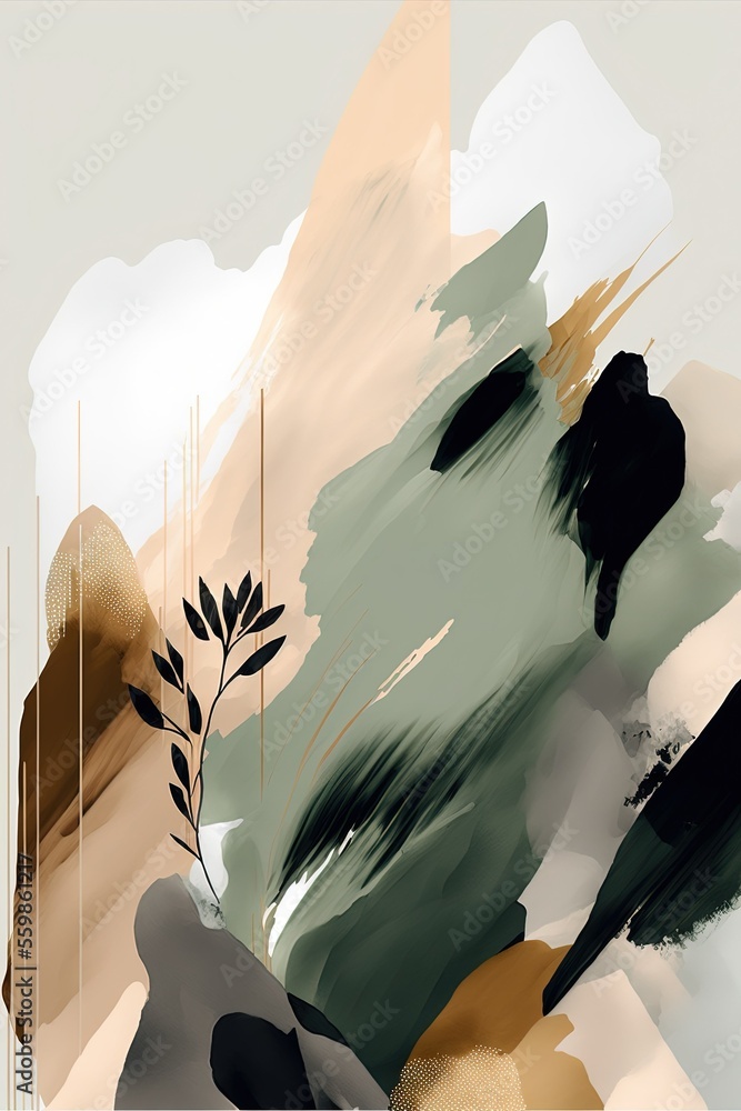 Neutral botanical abstract landscape, minimalism, pastel colors, white ...