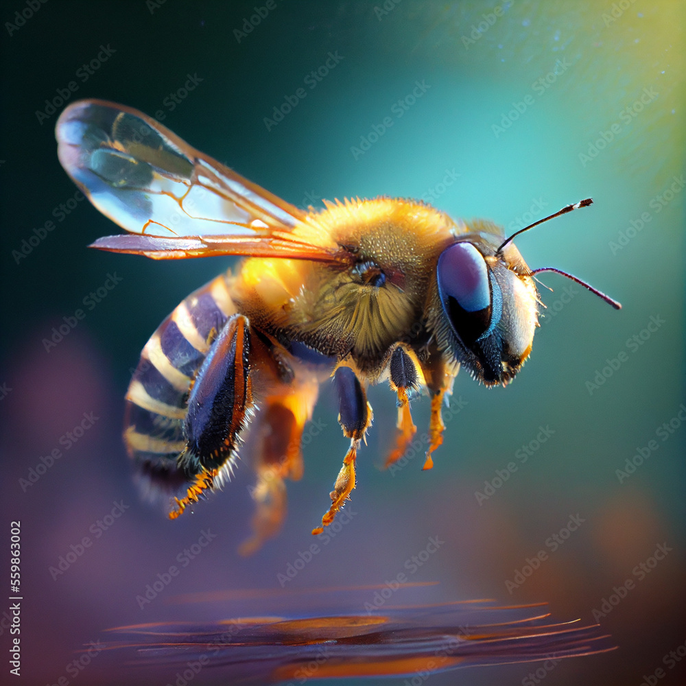 beautiful flying honey bee macro photography on a nature Stock ...