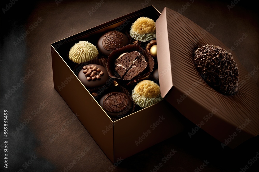 a box of chocolates with a piece of a donut in it on a table top with a ...