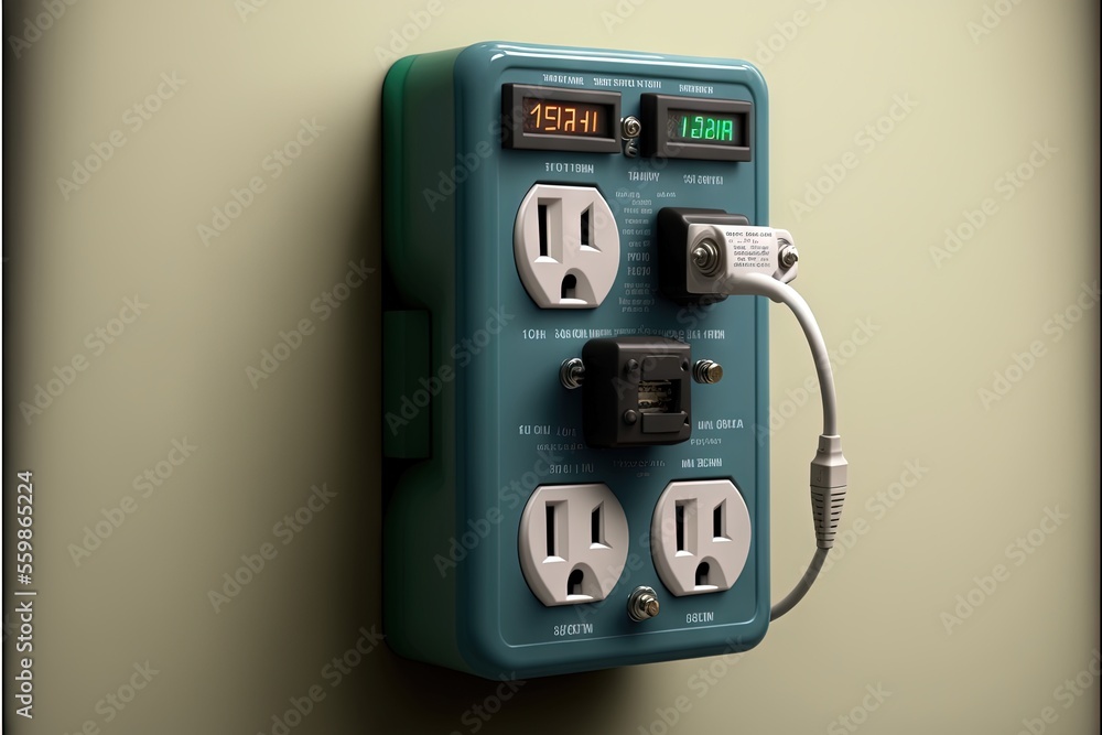 a green electrical device with two outlets and a timer on it's side ...