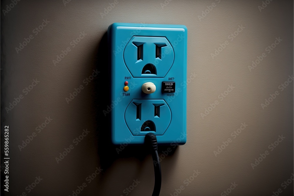 a blue electrical outlet on a wall with a black cord plugged in to it's ...