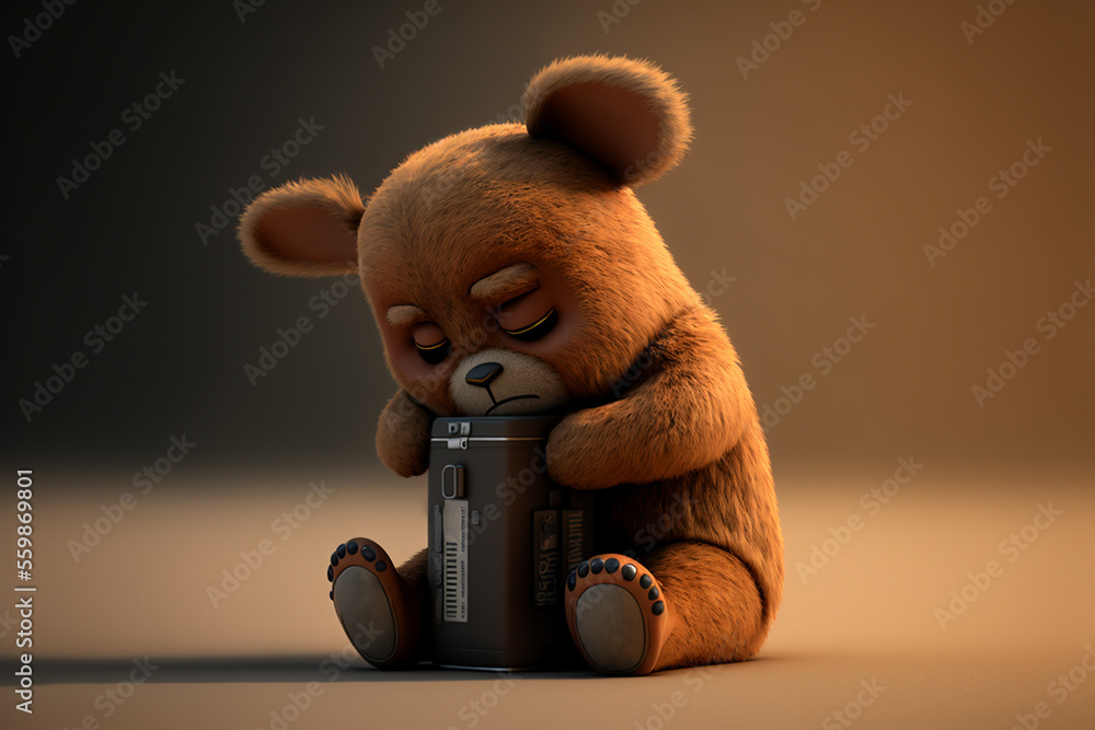 sad tired teddy bear hugs a battery, created by a neural network ...