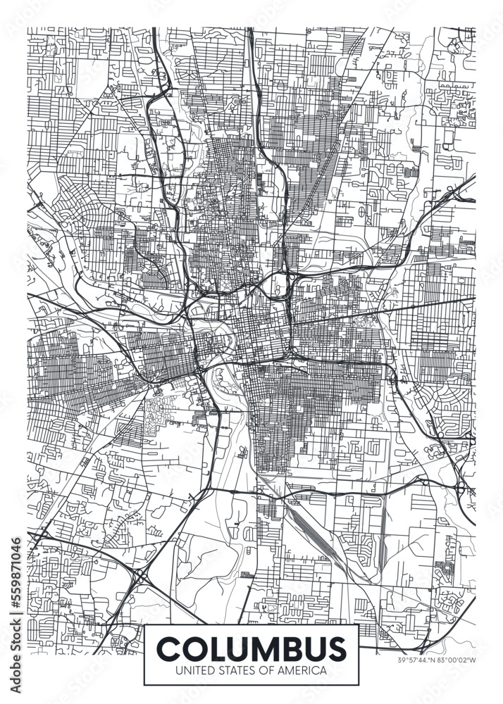 City map Columbus, urban planning travel vector poster design Stock ...