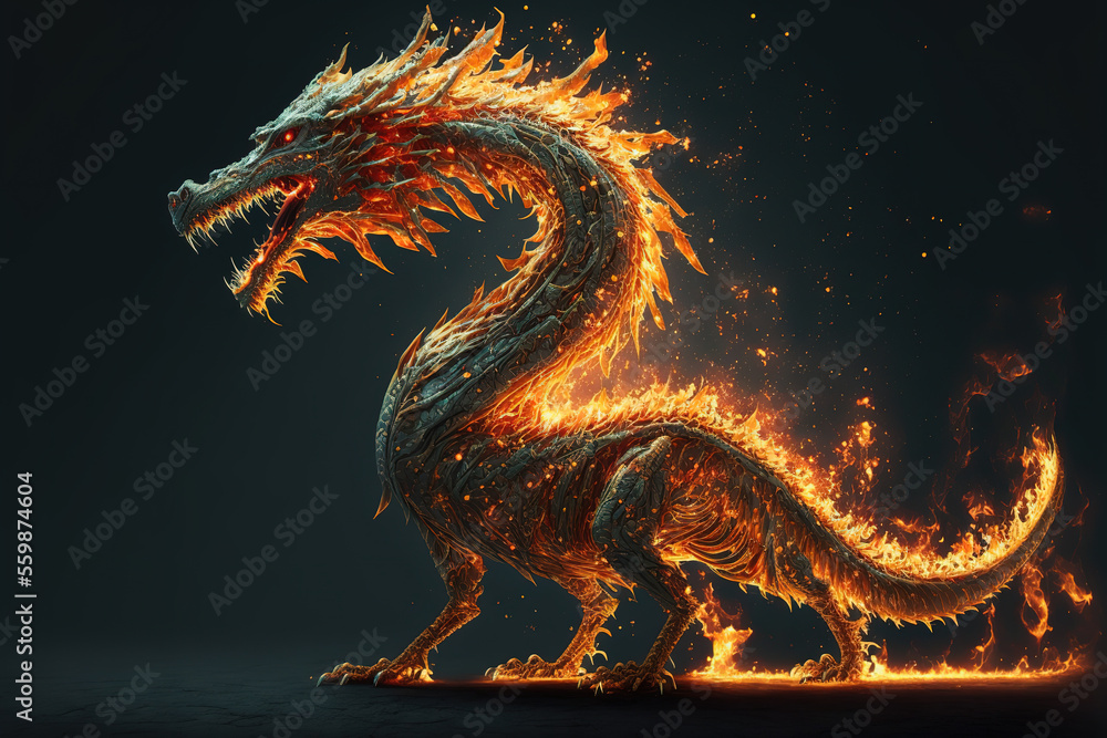 Fire breathes explode from a giant chinese dragon in a black night, the ...