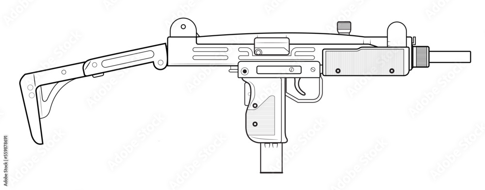 Vector illustration of the UZI israel machine gun with unfolded stock ...