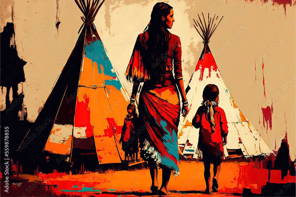 beautiful native american woman indian with child abstract art ...