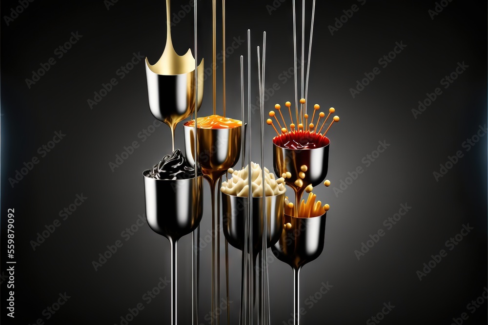 a group of different types of food on sticks with sauces and condiments ...