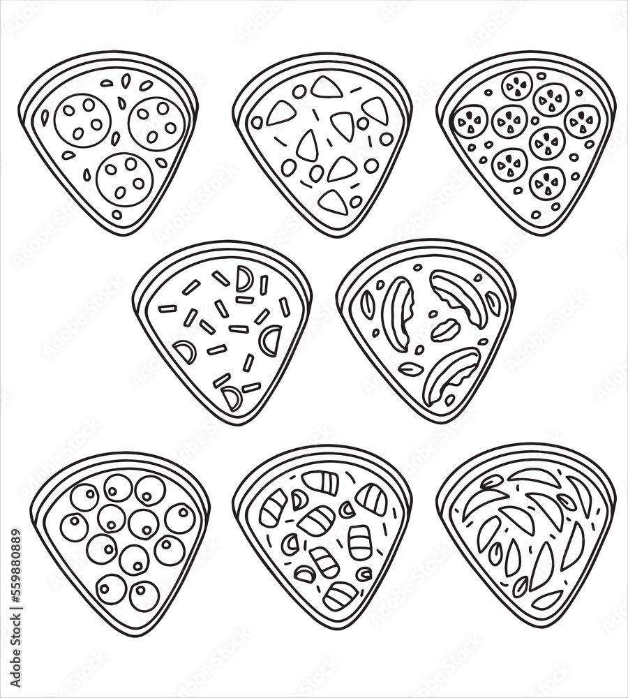 Black line pizza doodle set. A set of anti-stress coloring pages with ...