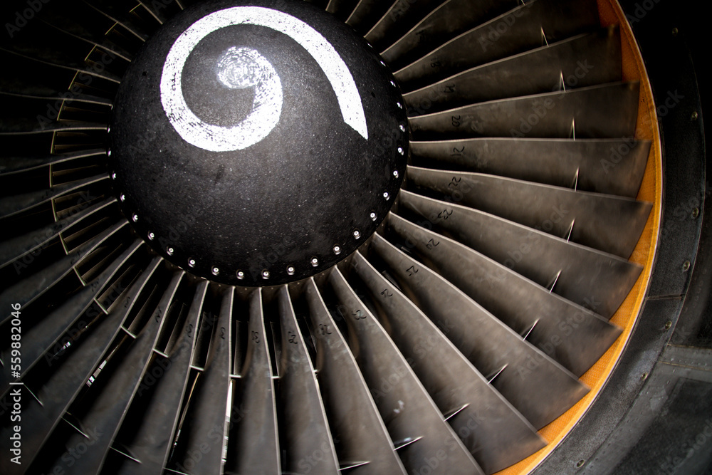 A close up photo of a jet engine inlet of a Boeing 767 aircraft in ...