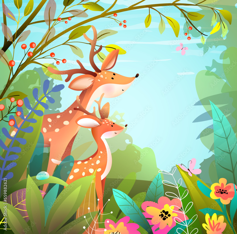 Cute deer or stag animals in the forest, mother and child in the woods ...