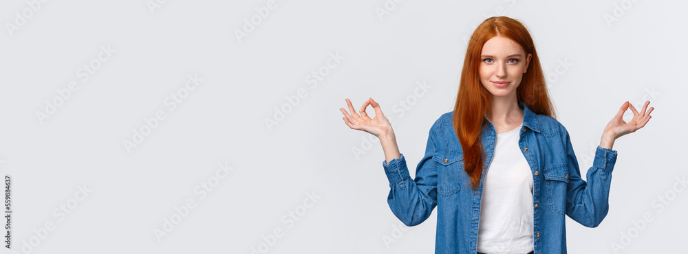 Waist-up portrait confident and relieved, patient good-looking redhead ...