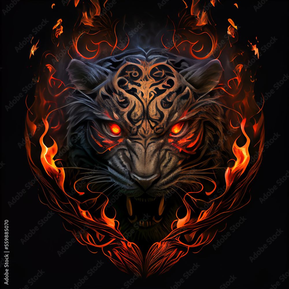 Gothic tiger with flaming eyes ai art Stock Illustration | Adobe Stock