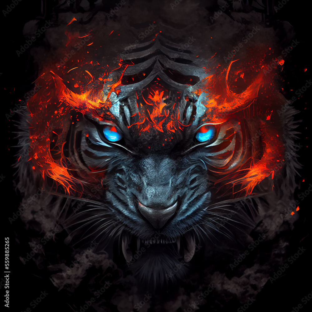Gothic tiger with flaming eyes ai art Stock Illustration | Adobe Stock